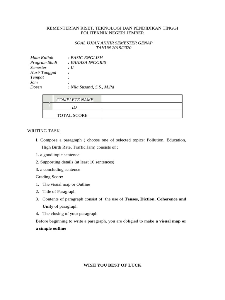 Basic English Mna Genap SMT 2 2020 | PDF