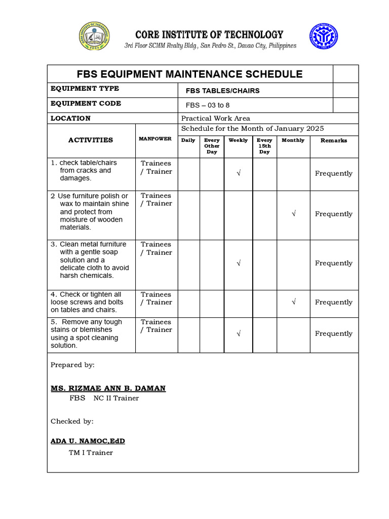 FBS Tables/Chairs Maintenance Schedule | PDF