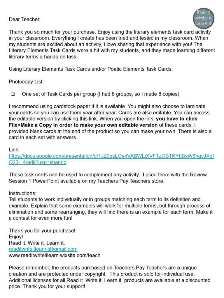 Literary Elements Task Cards | PDF | Teachers | Narration