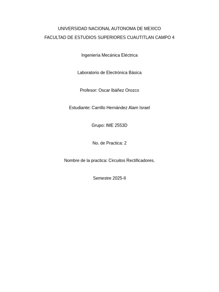 Práctica 2 Carrillo Hernandez Alam Israel | PDF | Rectificador | Fuente de alimentación