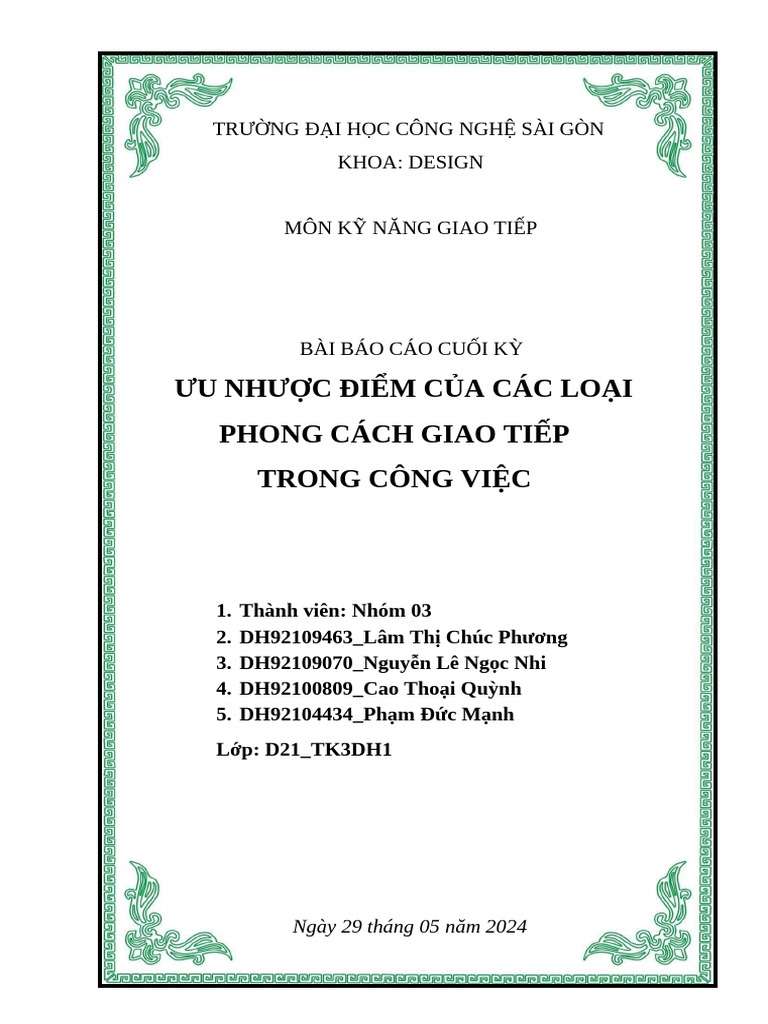 Nhóm3 - Ưu nhược điểm của các loại phong cách giao tiếp trong công việc - Ca4 | PDF
