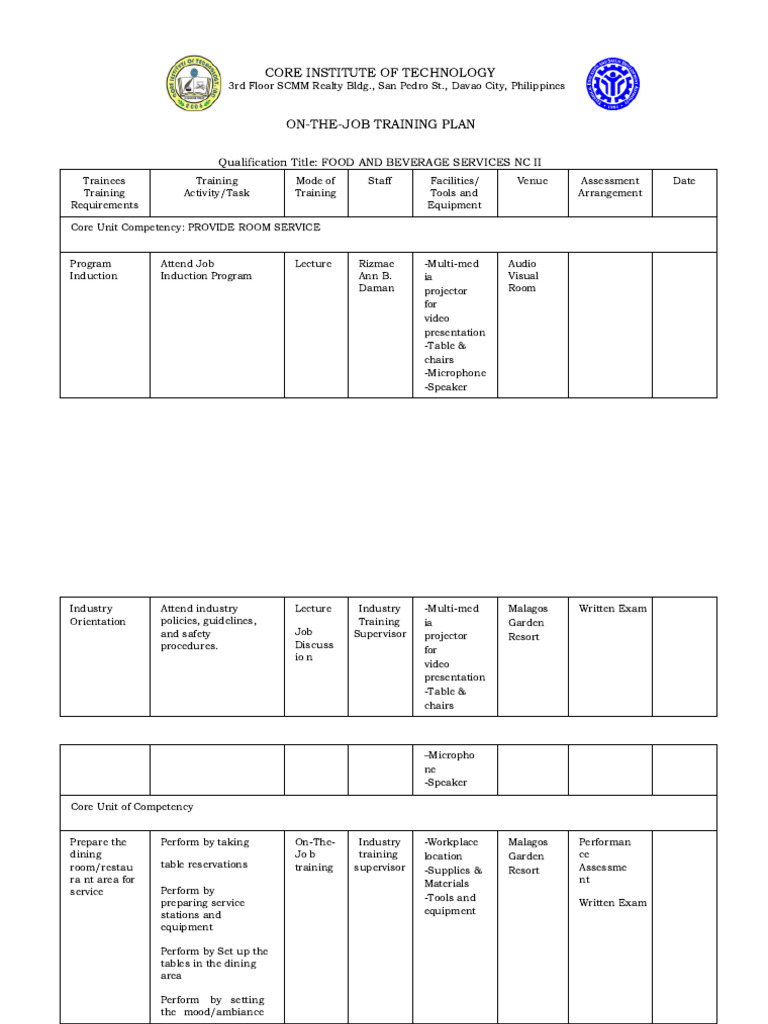 Food and Beverage Services Training Plan | PDF | Foodservice | Home