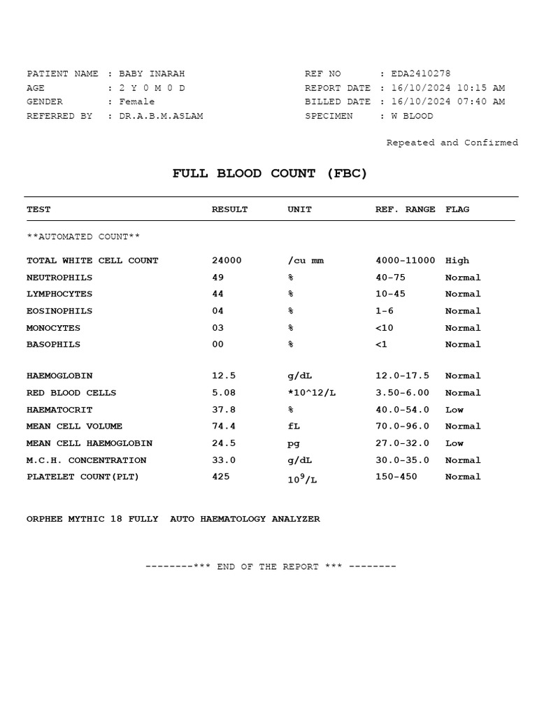 Baby Inarah Full Blood Count Report | PDF
