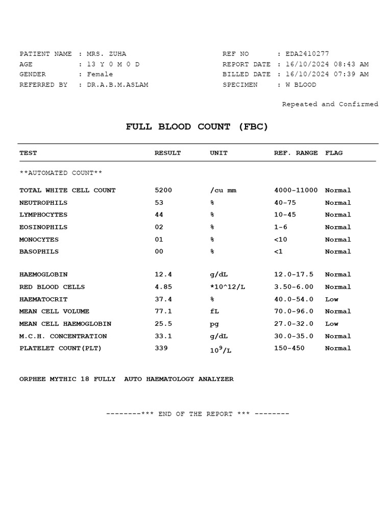 MRS - ZUHA - FULL BLOOD COUNT (FBC) Whatsapp Report - EnVision | PDF