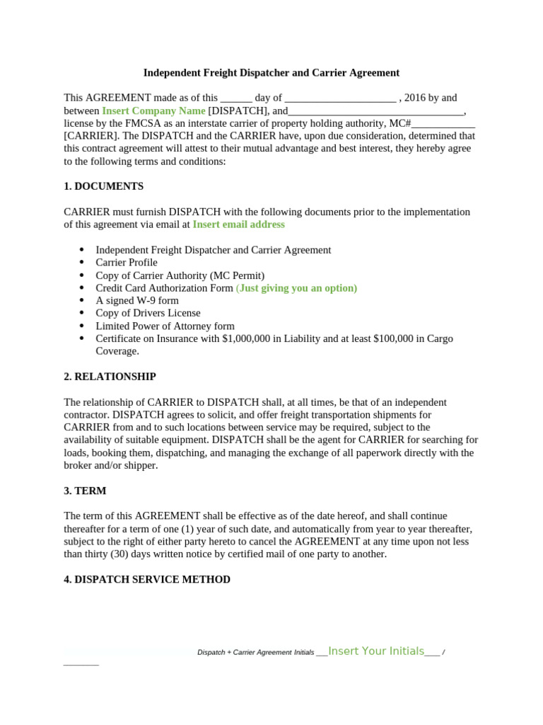 Independent Freight Dispatcher and Carrier Agreement | PDF | Cargo ...