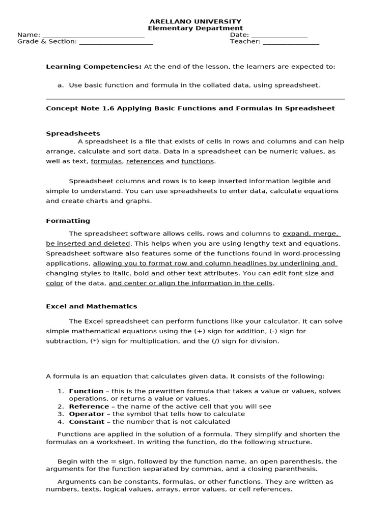 HELE Lesson 1.6 Applying Basic Functions and Formulas in Spreadsheet ...