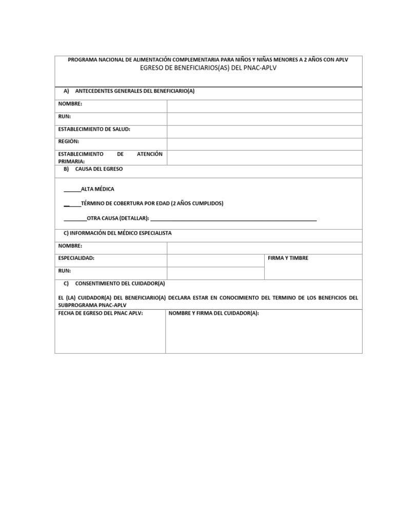 Formulario Egreso PNAC APLV | PDF