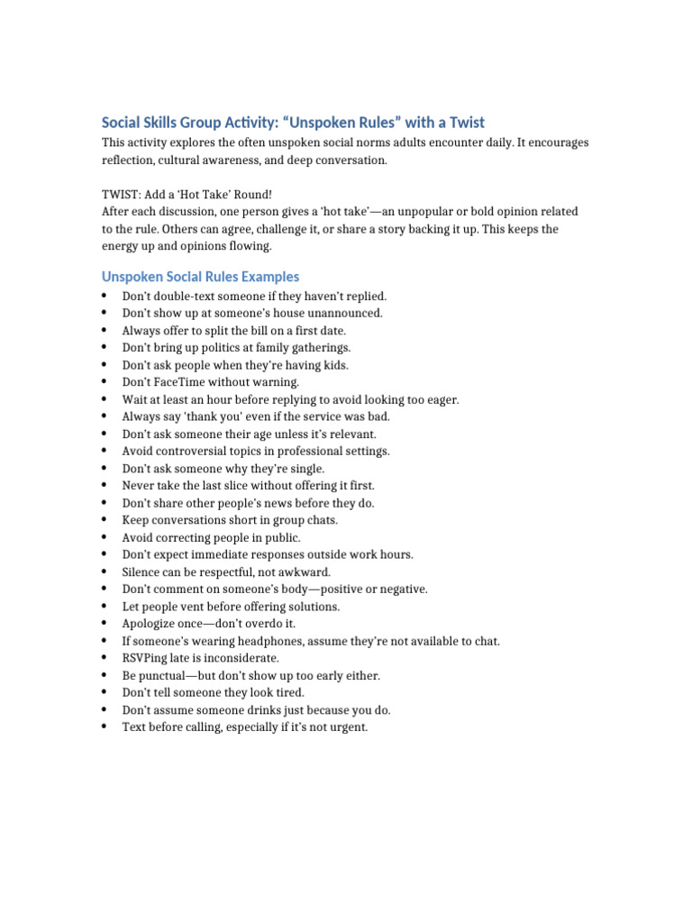 Unspoken_Rules_Social_Skills_Activity | PDF