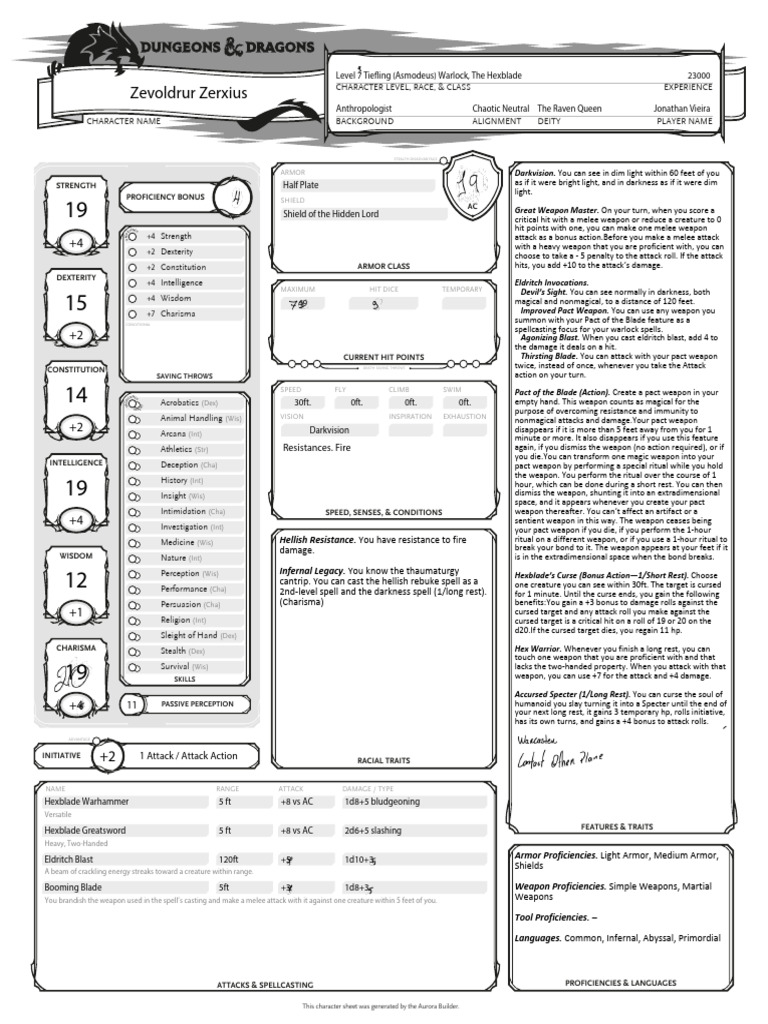 D&D 5E Character Sheet: Hexblade Warlock | PDF | Dungeons & Dragons ...