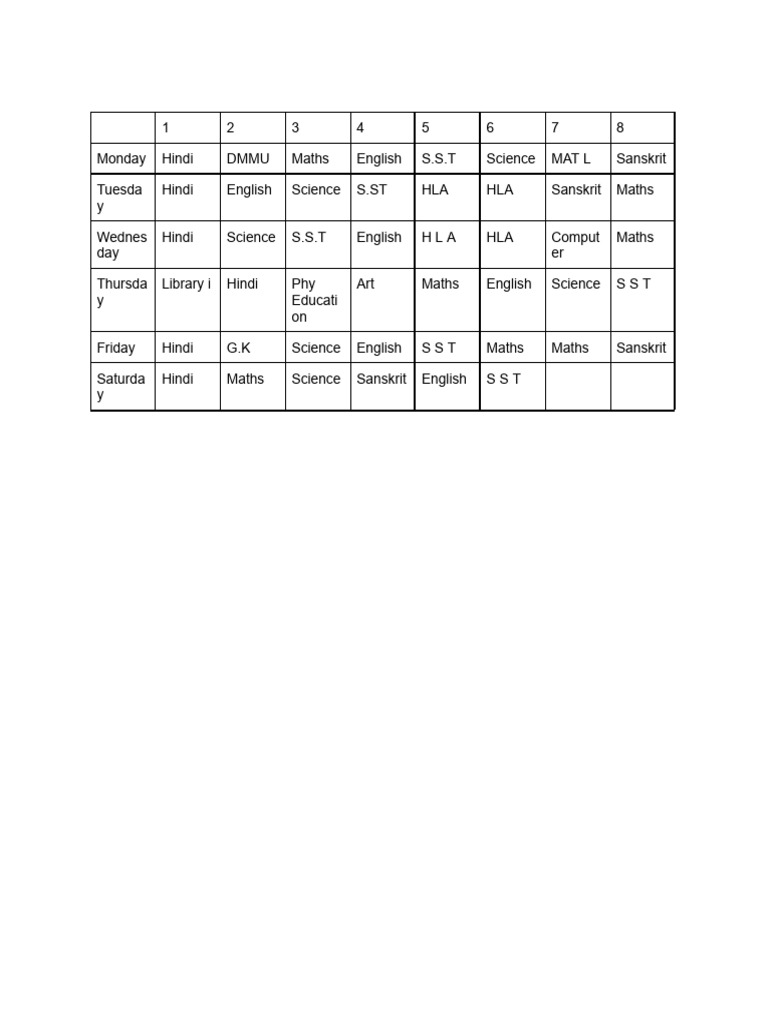 Time Table (Class 7 D) | PDF