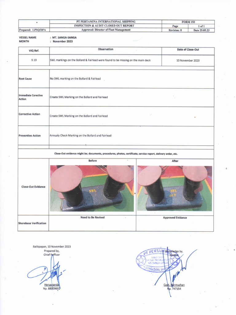 9.19 SWL SWL Marking On The Bollard & Fairlead Were Found To Be Missing ...