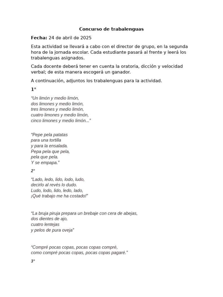 Concurso de Trabalenguas | PDF