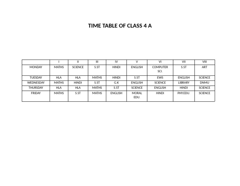 Class 4A Weekly Timetable | PDF