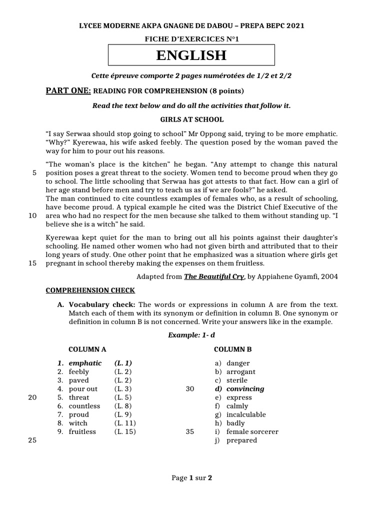 BEPC 2021 Reading Comprehension Exercise | PDF | Linguistics