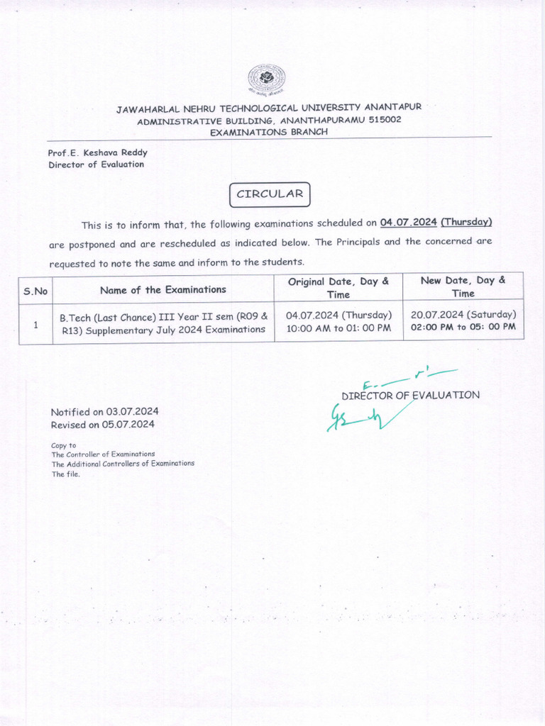 Postponed Reschedule Circular | PDF
