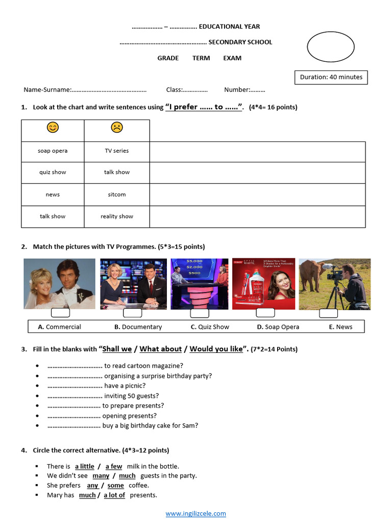 7 Sinif Ingilizce 2 Donem 1 Sinav Ornek 3 | PDF