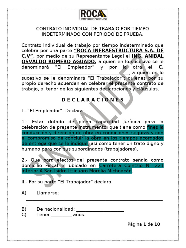 Contrato Individual de Trabajo Indeterminado | PDF | Derecho laboral ...