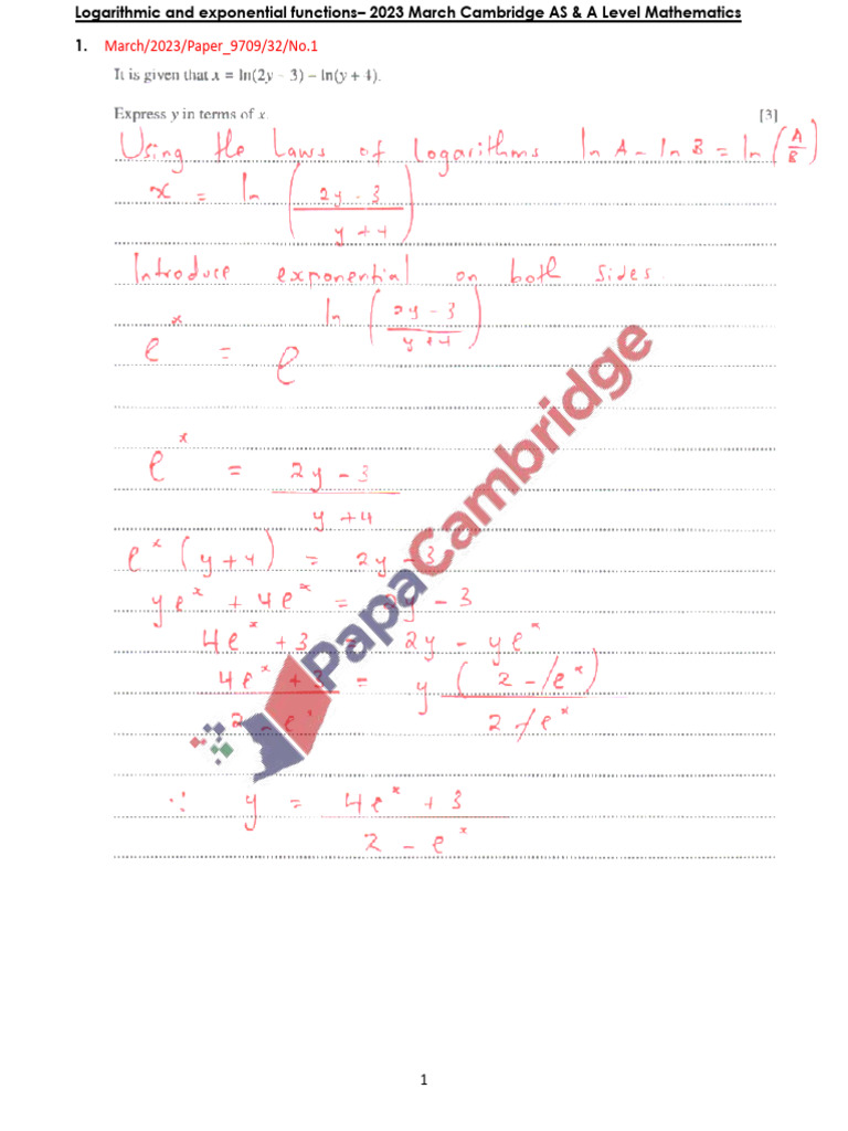 2023m Logarithmic and Exponential Functions A2 Math 9709 - Solved | PDF