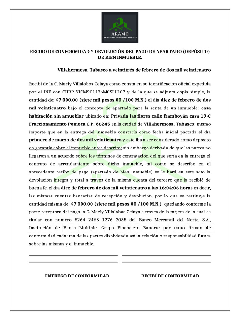 Recibo Devolucion de Deposito Arrendador A Aarrendatario | PDF