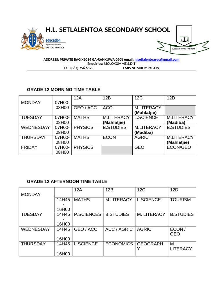 Grade 12 Time Table | PDF
