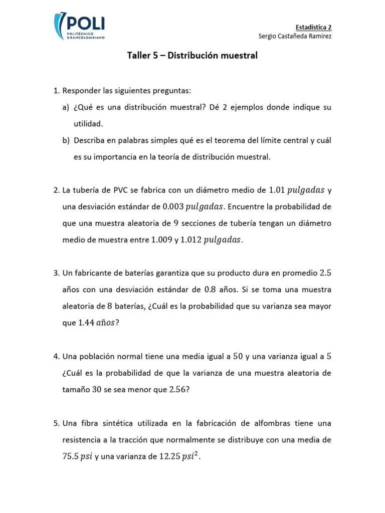 Taller05 Distribución Muestral | PDF | Desviación Estándar | Diferencia