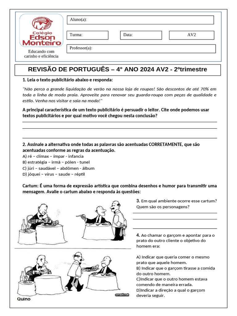 REVISAO AV2.2 PORTUGUES 4 ANO 2024 | PDF | Publicidade
