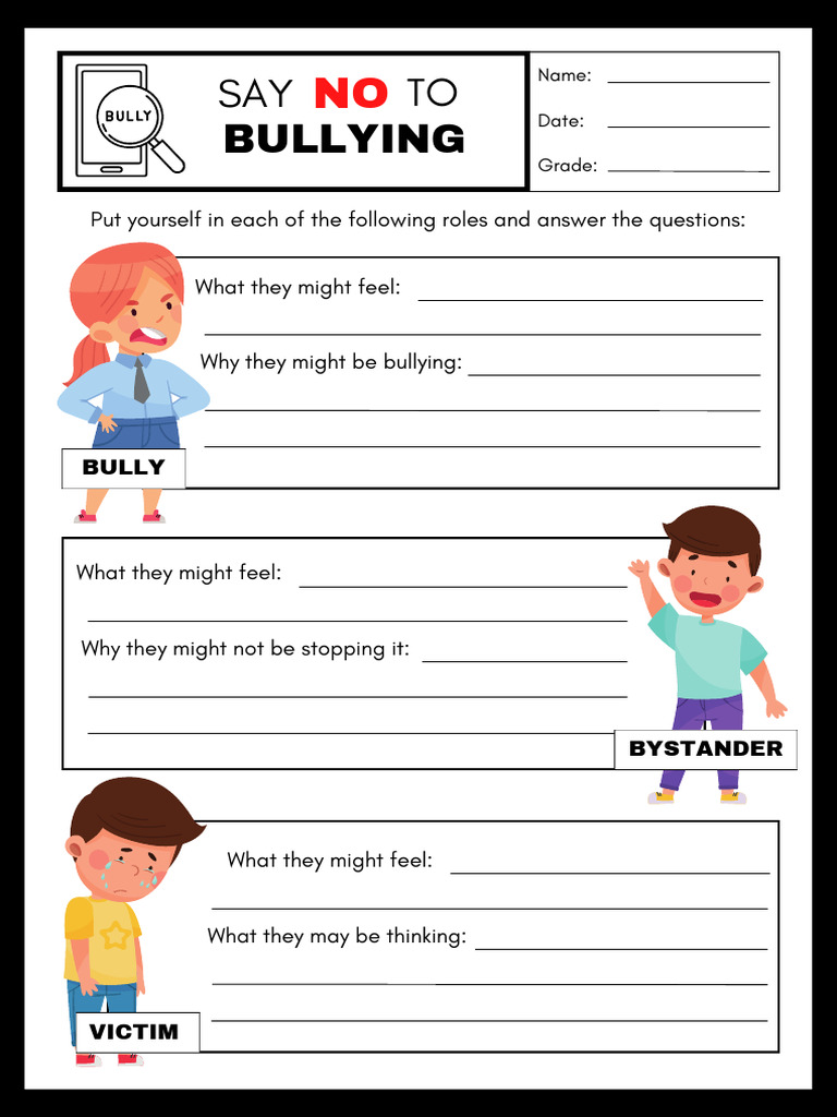 Wellbeing Bullying Worksheet in Coloured Clean Style | PDF