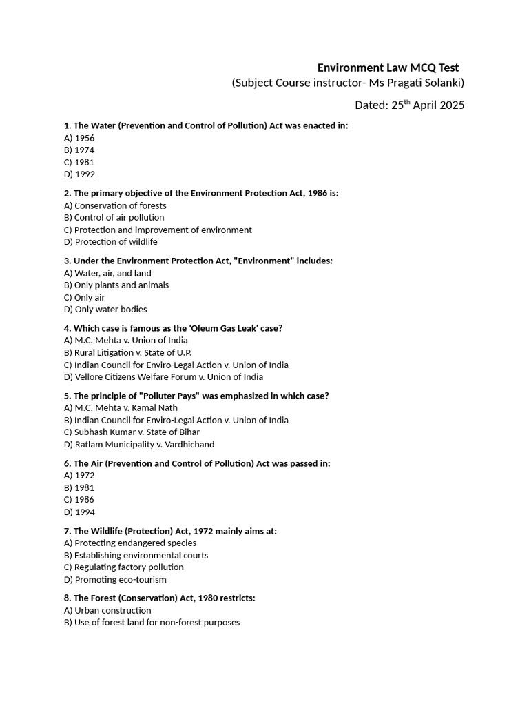 Environment Law MCQ Test | PDF | Environmental Law | Environmental ...