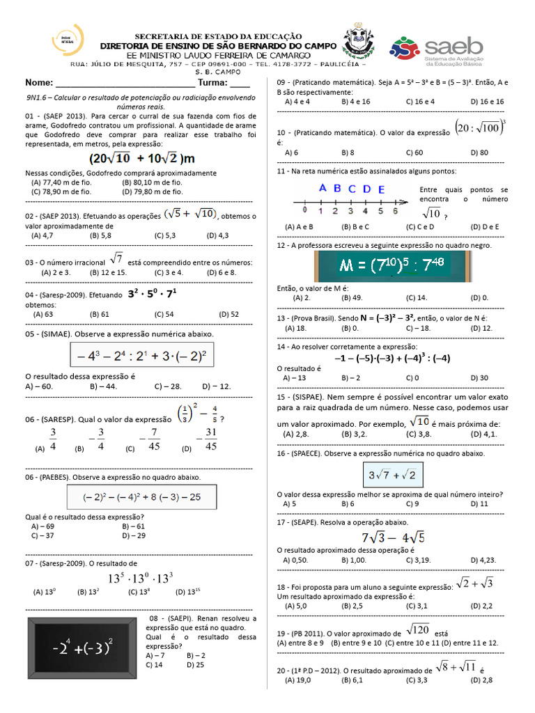 Simulado 9N1.6 - Oe Mat | PDF | Objetos matemáticos | Matemática elementar