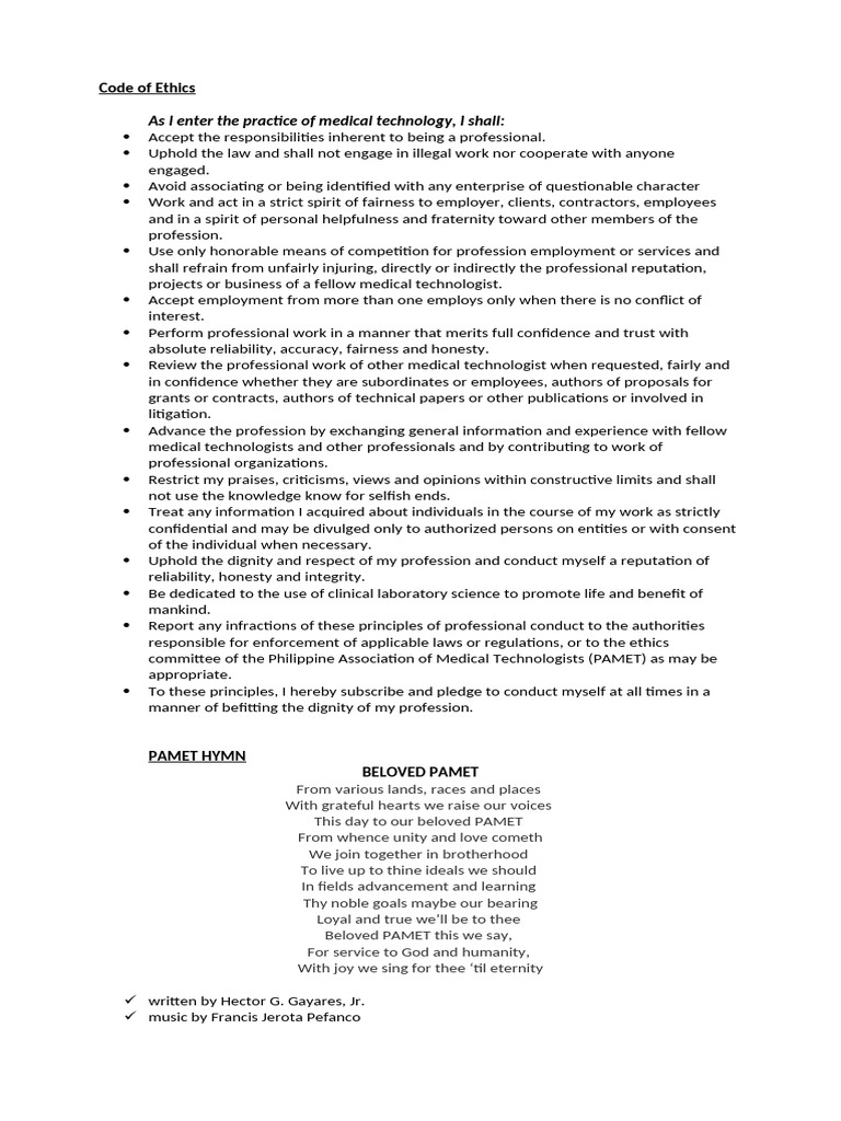 Medical Technology Code of Ethics | PDF | Dignity