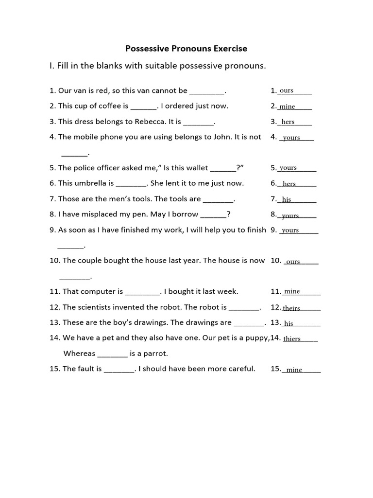 Possessive Pronouns Fill-in Exercise | PDF