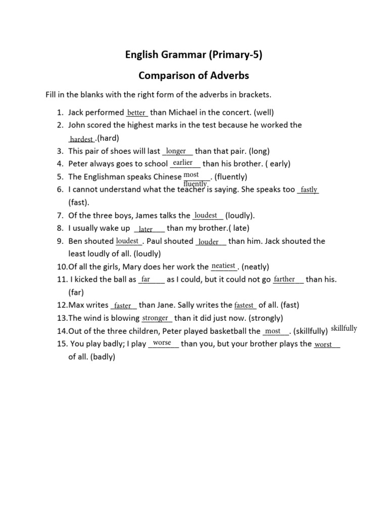 Comparison of Adverbs Worksheet | PDF