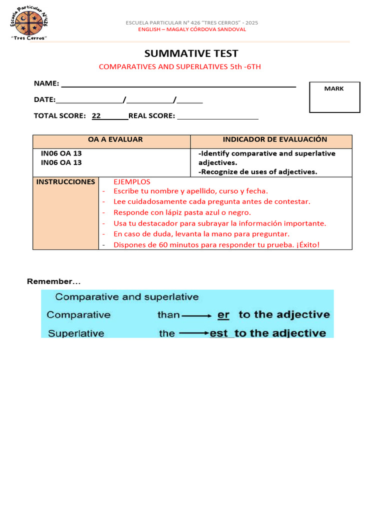 Test Comparatives and Superlatives | PDF | Adjective | Linguistic Typology