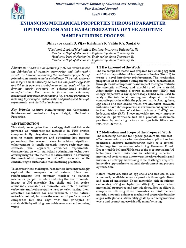 Enhancing Mechanical Properties Through Parameter Optimization and Characterization of The ...