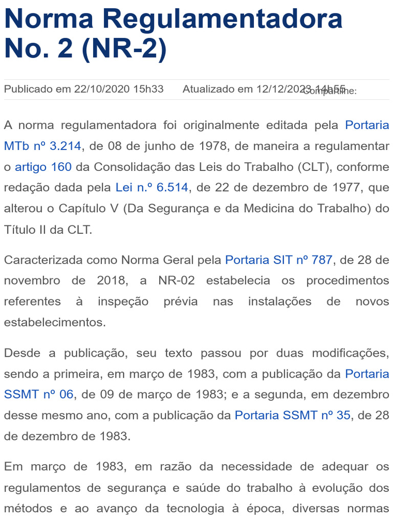 Norma Regulamentadora NR-2: Histórico e Alterações | PDF