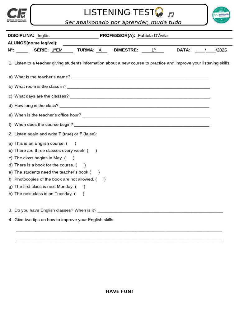 Listening Test for English Course | PDF