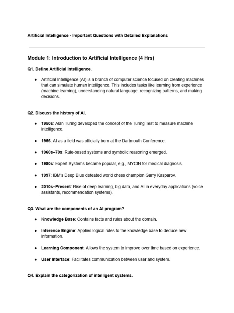 Artificial Intelligence - Important Questions With Detailed Explanations | PDF | Artificial ...