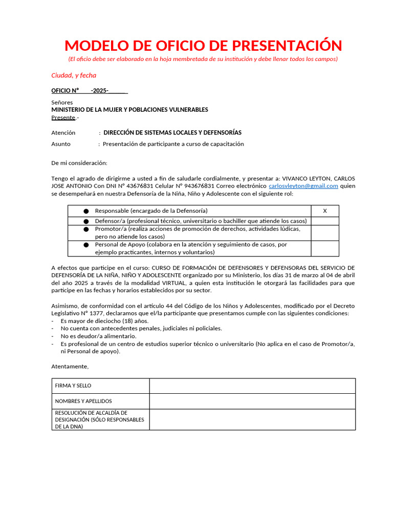 Oficio de Presentación 2025 | PDF