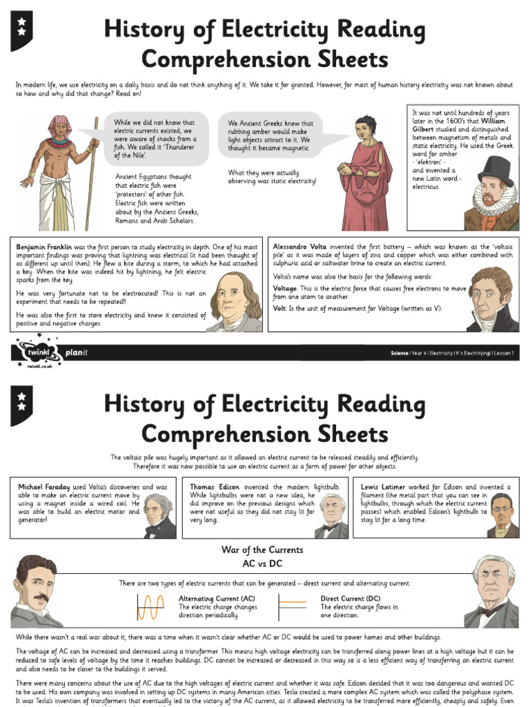 History of Electricity Comprehension Sheet 1 - Removed - Removed | PDF