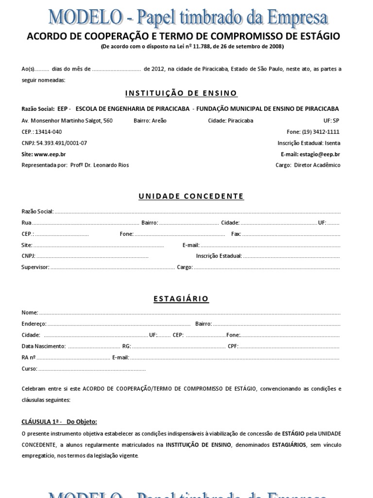 Modelo de Contrato de Estagio | PDF | Estágio | Procura de Emprego