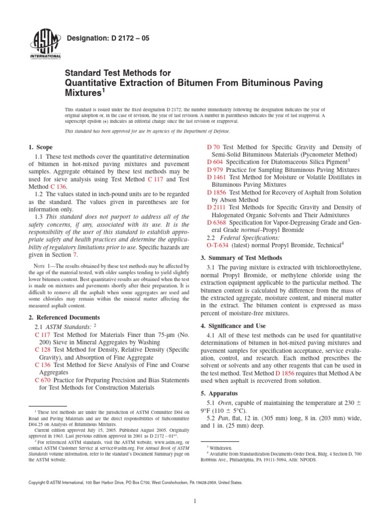 Quantitative Extraction of Bitumen From Bituminous Paving Mixtures ...