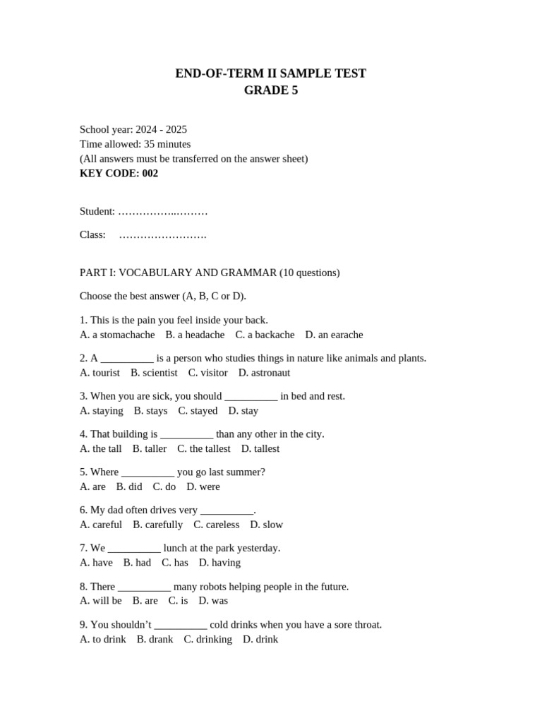 Grade 5 End-of-Term II Sample Test | PDF