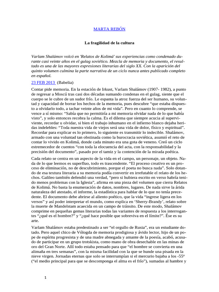MARTA REBÓN La Fragilidad de La Cultura 230213 | PDF
