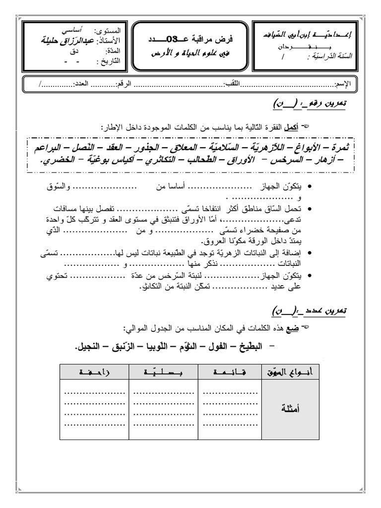 Devoir de Contrôle N°3 - SVT - 7ème (2008-2009) MR Abd Razzak Hlila | PDF