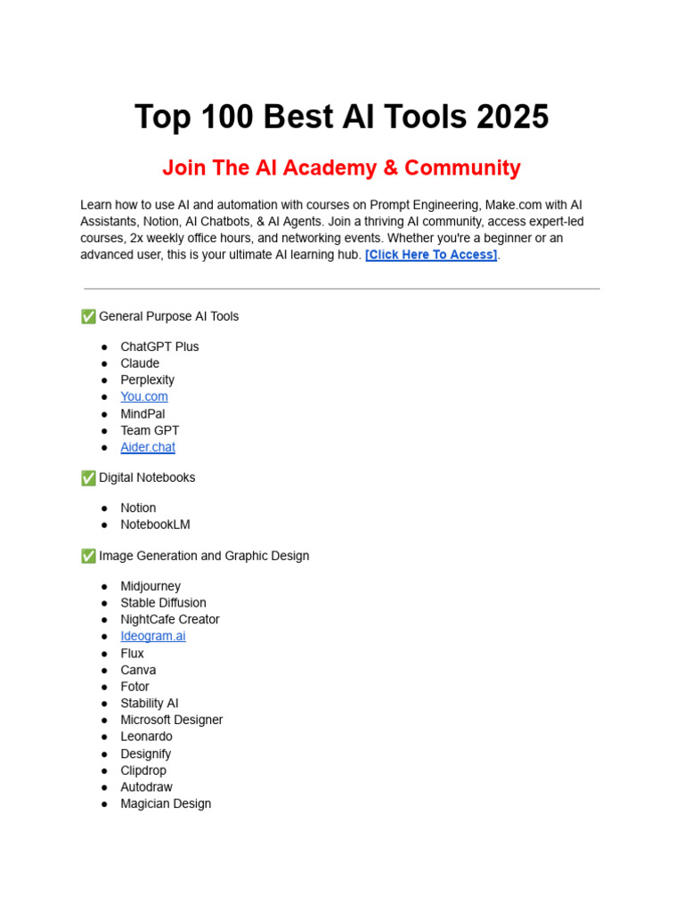 Top 100 Best AI Tools 2025 | PDF | Artificial Intelligence ...