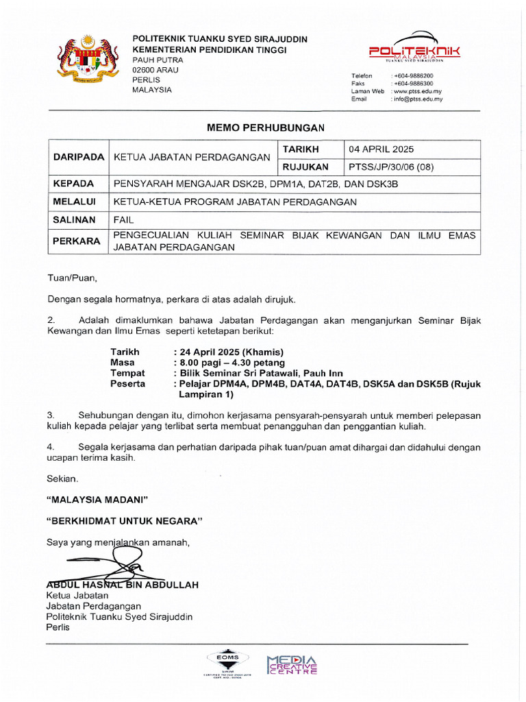 Memo Pengecualian Kuliah bagi Seminar Bijak Kewangan dan Ilmu Emas JP ...