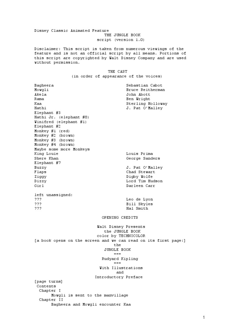 Disney Classic Animated Feature The Jungle Book Script | PDF | Baloo ...