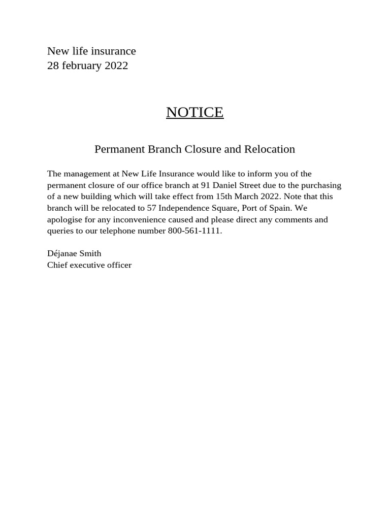 New Life Insurance Branch Relocation Notice | PDF
