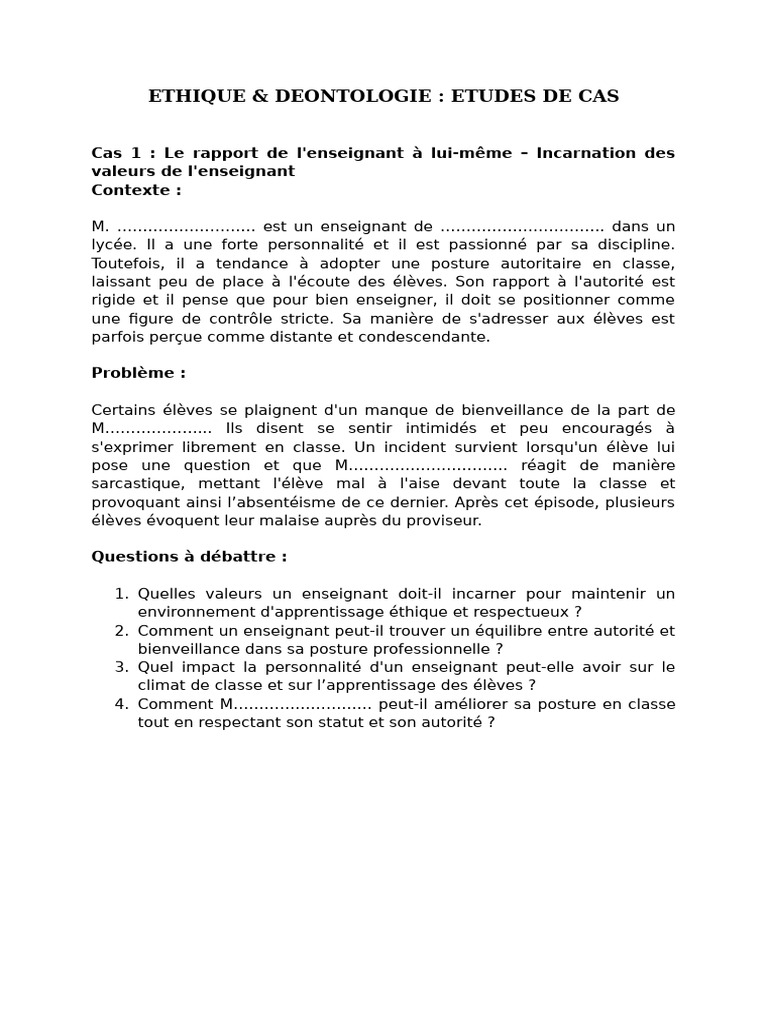 Études de cas en éthique éducative | PDF | Pédagogie | Enseignants