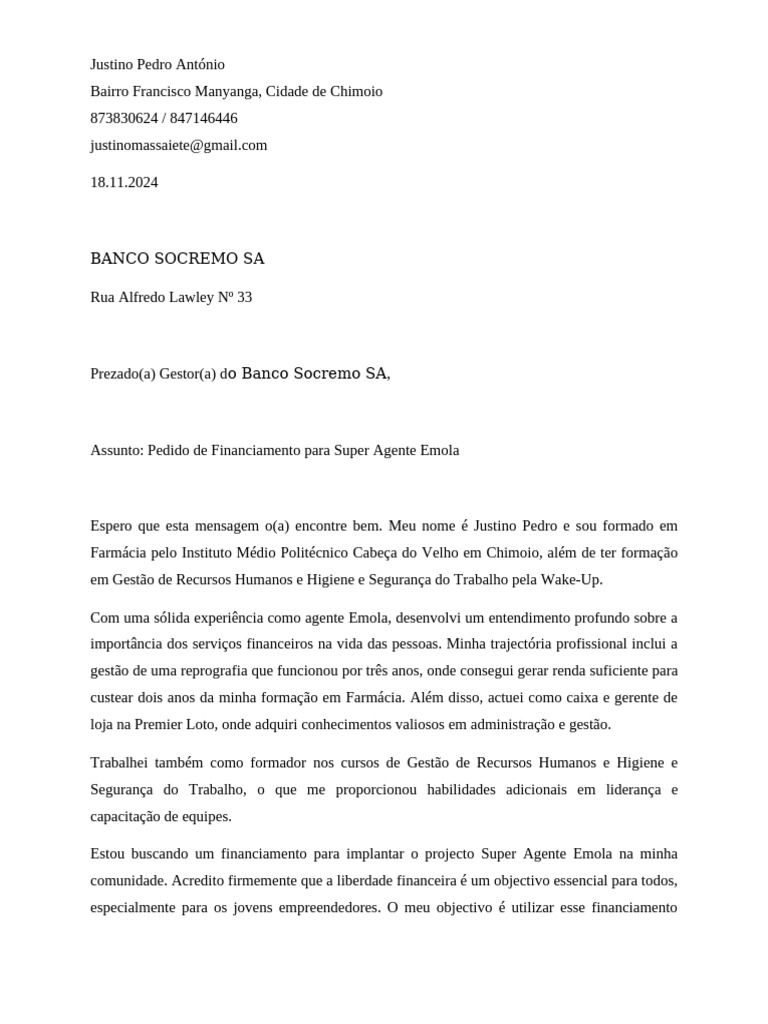 Pedido de Financiamento para Emola | PDF